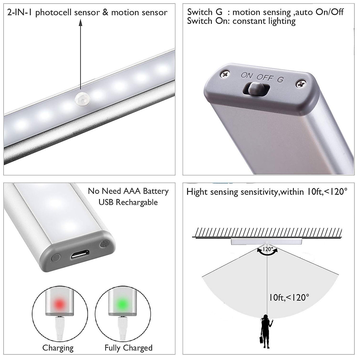 MOSTON Motion Sensor Closet Lights, 3 Pack 20 LED Cordless Under Cabinet Lighting with Built-in Rechargeable Battery, Stick-on Anywhere Magnetic Night Lamp for Cupboard Cabinet Kitchen Stairs