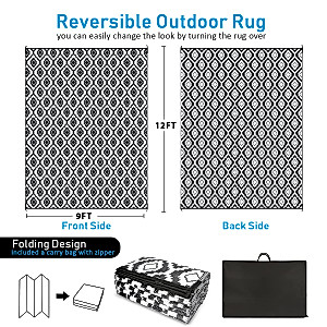 HIHEGD Outdoor Rug 9x12 for Patio Camping RV, Waterproof Reversible Mat, Plastic Straw Rug for Indoor Outdoor Patio Clearance, Porch, Deck, Backyard, Picnic (Black and White)