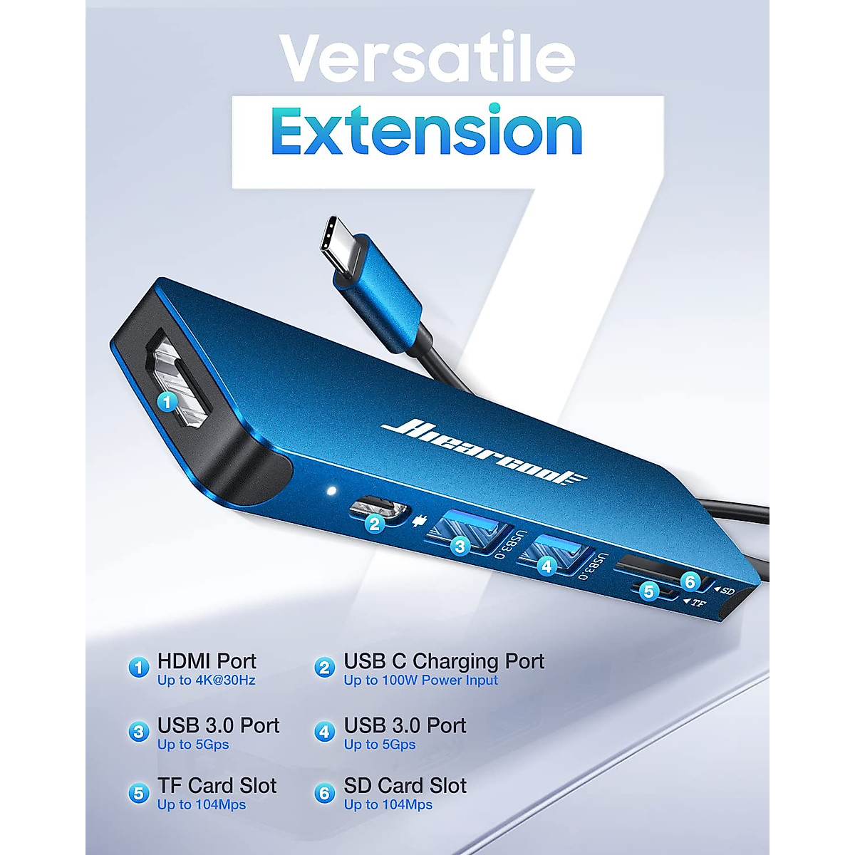 Hiearcool USB C Hub, MacBook Pro Adapter USB C Dongle, 7 in 1 USB C to HDMI Multi-port Adapter Compatible for USB C Laptops Nintendo and Other Type C Devices (Midnight Blue+Rose Gold)