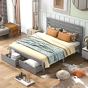 Morhome Queen Size Platform Bed Frame with 2 Storage Drawers, Upholstered Wooden Slats Support, No Box Spring Needed, Easy Assembly