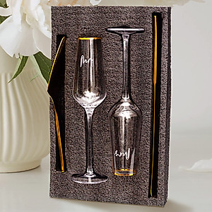 J&A Homes Gold Wedding Cake Knife Server Set and Toasting Flutes - Reception Bride Groom Wedding Party Champagne Glasses Pie Cake Cutting Engagement Gift