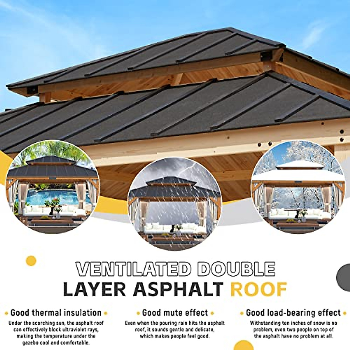 YOLENY 13' x 15' Solid Spruce Wood Gazebo, Hardtop Gazebo with Coated Wood Frame, Waterproof Asphalt Double Roof, Nettings and Curtains for Lawns, Gardens, Decks, and Patios