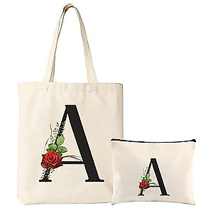 DERTE Initial Floral Tote Bag Personalized Letter Canvas Cosmetic Makeup Bag Monogrammed Gift Beach Bags for Women Bridesmaids Birthday Wedding Bridal Shower (Letter A)