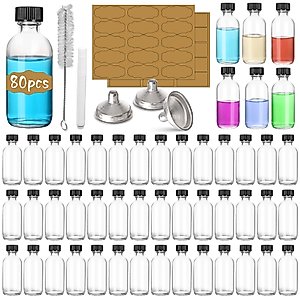 80 Pack, 2 oz Small Glass Bottles with Airtight Lids, 60 ml Empty Clear Sample Boston Bottle/Vials/Containers with180 Sticky Labels, Brush, Funnels