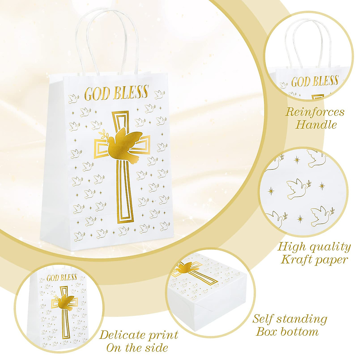 PerKoop 36 Pack First Communion Gift Bags for Boys and Girls Small Religious Party Favor Bags Paper Baptism Candy Bags for Baby Shower Christenings Weddings Confirmations, 8.66 x 6.3 x 3.15 Inch