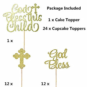 JeVenis 25 PCS Glittery Gold Bless this Child Cake Topper Baptism Cupcake Toppers Cross Cupcake Topper Baptism Cake Topper Cross Cake Decoration Baptism Party Decorations