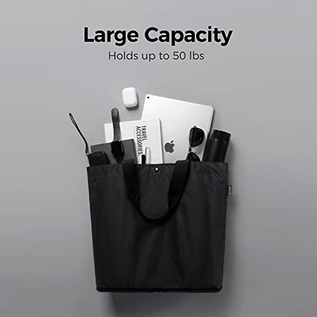 pack all 16L Lightweight Packable Tote Bag, Water Resistant Foldable Grocery Bag, Reusable Shopping Bag (Black)