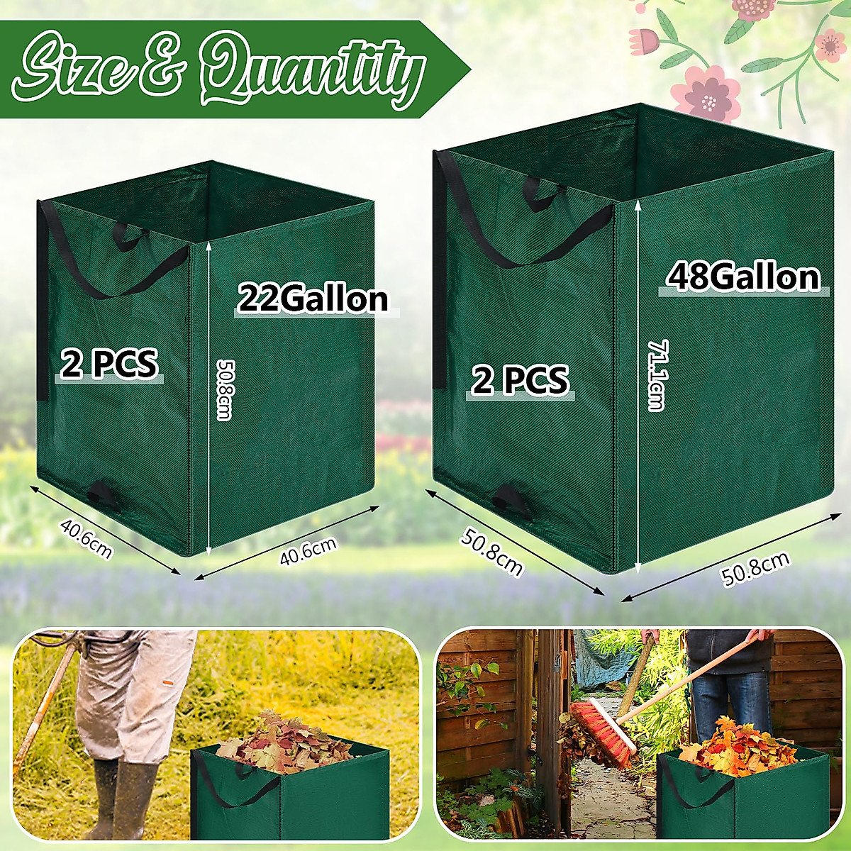 Tenceur 4 Pcs Heavy Duty Reusable Yard Waste Bags 48 Gallon and 22 Gallon Woven Polypropylene Leaf Garden Bag Lawn Bags Self Standing Garbage Can with Reinforced Handles for Home Moving Bag, Green