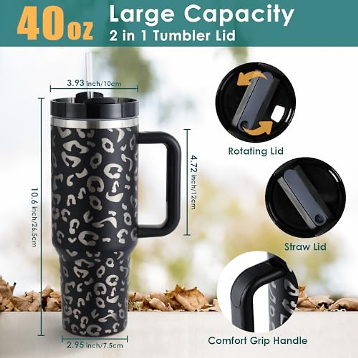 PIMDIR Black 40oz Leopard Tumbler With Handle Straw Lid, Insulated Stainless Steel Travel Cup iced Coffee Mug Keep Cold, Birthday Gifts For Women Men Lovers, Car Cup Holder Friendly