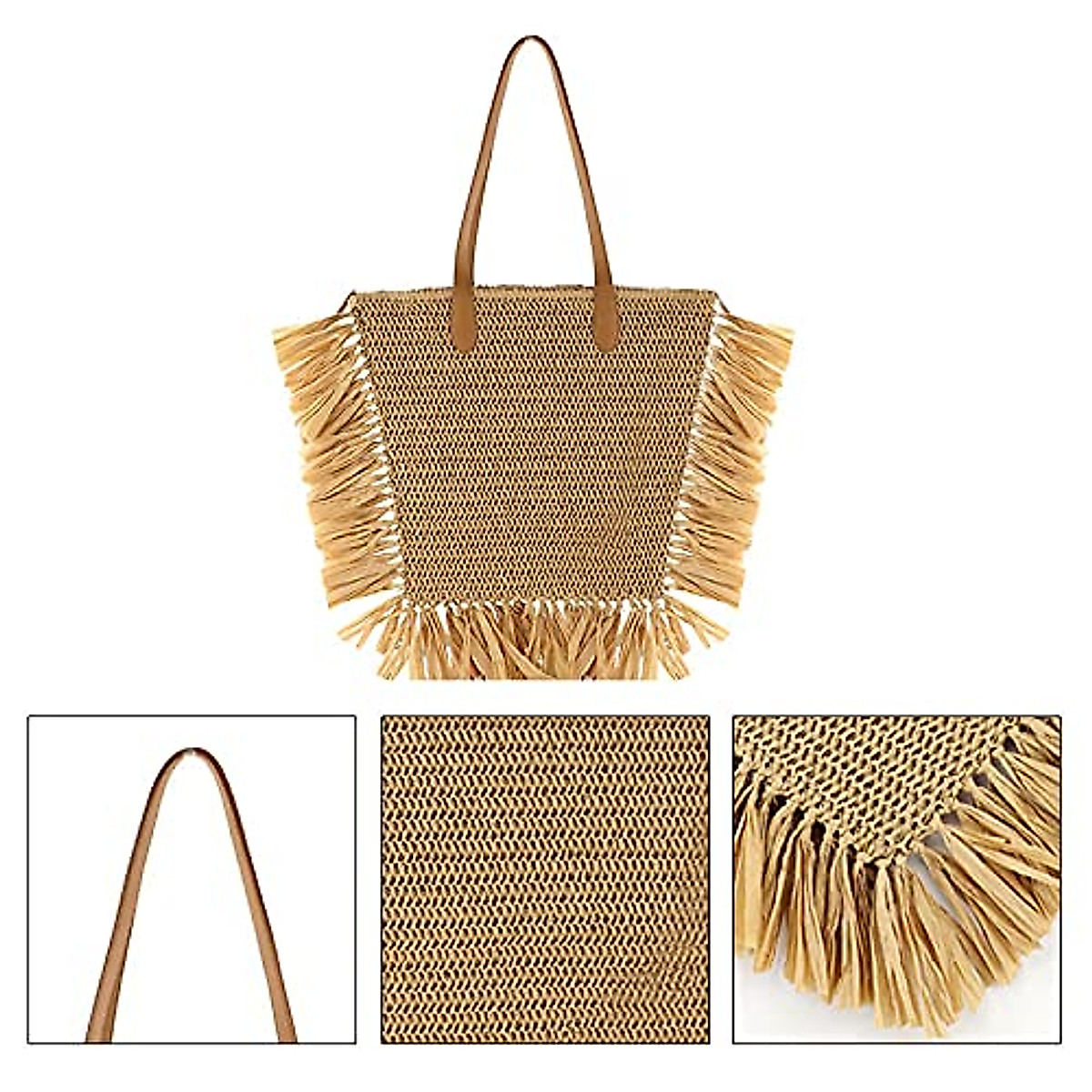 Women Large Fringe Straw Woven Shoulder Bag Summer Beach Top-Handle Bag Travel Tote