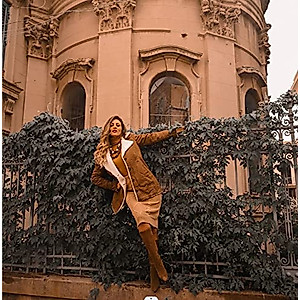 Dokotoo Womens Winter Coats Long Sleeve Jean Denim Fleece Jacket Autumn Collar Button Down Cozy Fluffy Sherpa Pocketed Jackets Outerwear Khaki Large