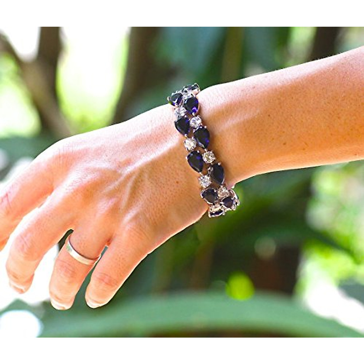 EVER FAITH Women's Prong Cubic Zirconia Vintage Style Dual Layer Tear Drop Bracelet Blue Silver-Tone