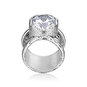 925 Sterling Silver Wide Engraved Floral Band Ring With White Round Cubic Zirconia Sculptured Bezel Hypoallergenic Nickel & Lead-free Artisan Handcrafted Designer Collection, Made in Israel