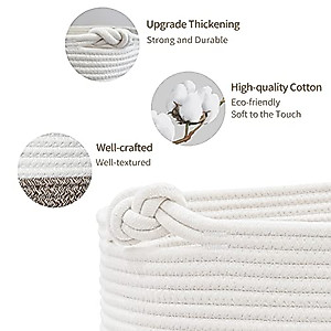 NamRamo Blanket Basket Living Room 15.8" x 15.8" x 13.8", Large Basket Baby Toy Basket, Cotton Rope Laundry Basket with Handle, Rope Basket, Woven Storage Basket, White & Brown Hamper