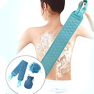 MILIDEE Bath Shower Set Scrubber Glove Loofah Sponge Pouf, Bath Brush Extra Long Dual Sided Scrubber Long Lasting Deep Clean Super Soft, Body Scrubber Exfoliator Men Woman Finger Tricky Toy, Blue