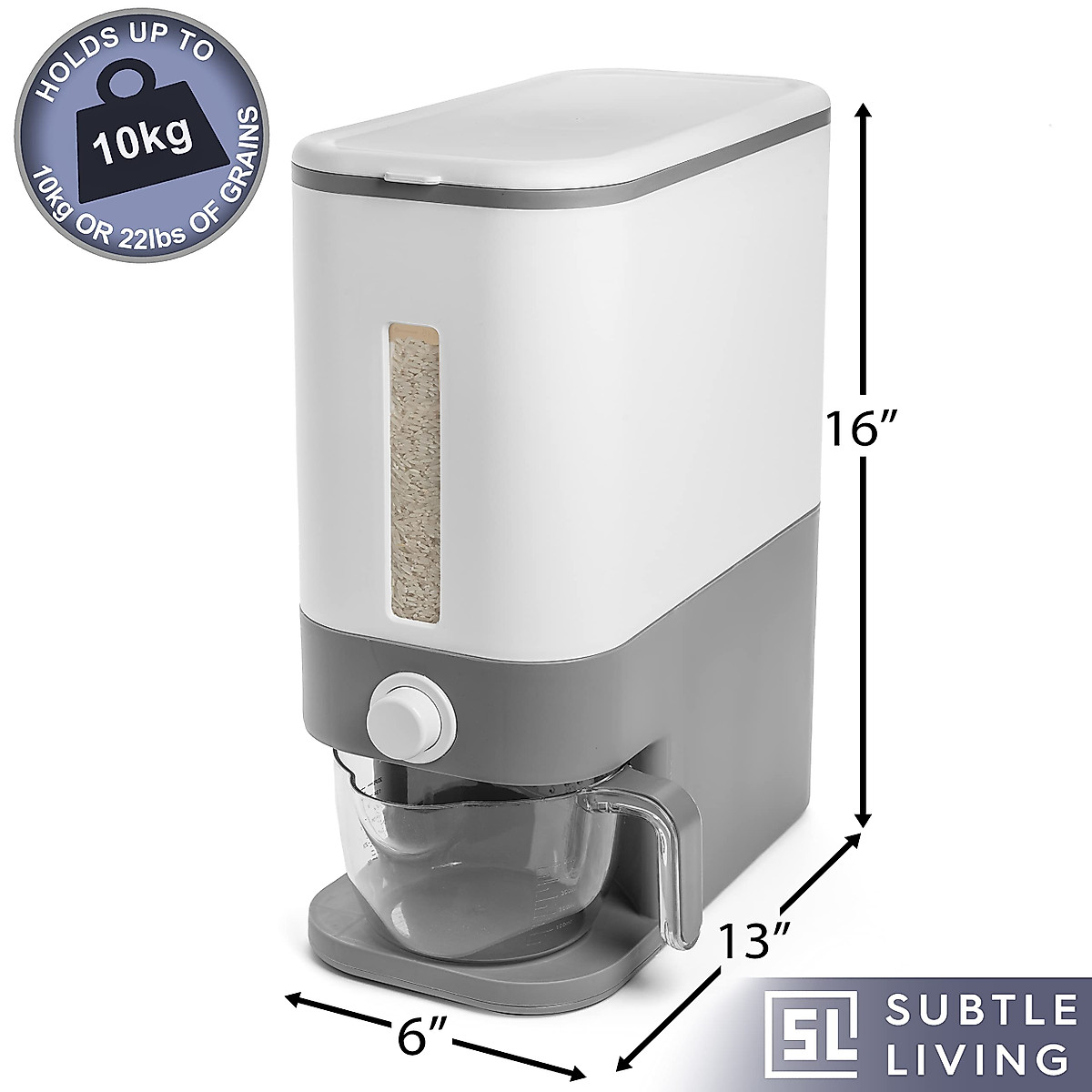 Subtle Living Qudasar Rice Dispenser - Automatic Rice Dispensing Bin - Large (22 liters) - Minimalist Style - Rice Storage Container