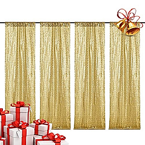 BEDDEB 4PCS Gold Sequin Backdrop Curtain, 2FTx8FT Glitter Backdrop Curtain for Christmas, Birthday, Wedding, Party Decoration Wedding Party Stage Decorations Fabric Sparkle Photography Background