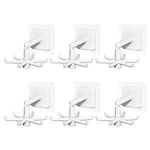 6 Pack Heavy Duty Under Cabinet Utensil Holder Hanger Hook, 360 Degrees Rotating Folding Hook Self Adhesive Hook Utensil Rack with 6 Hooks for Bathroom, Kitchen and Home （White）