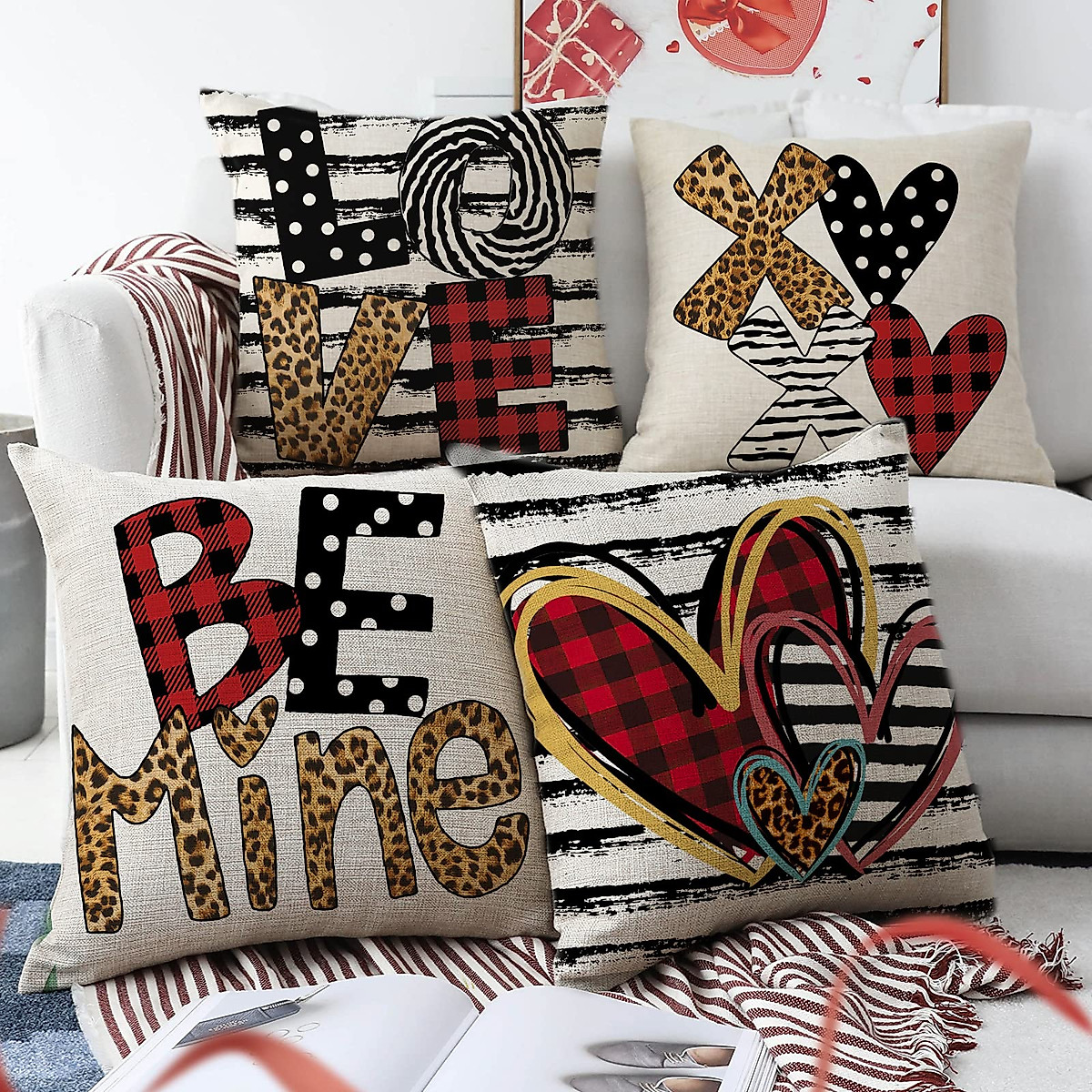 Fjfz Valentine's Day Decorative Throw Pillow Cover 18x18 Set of 4, Be Mine Love Leopard Red Buffalo Plaid Check Black Polka Dot Striped Anniversary Wedding Home Decor Farmhouse Cushion Case for Couch