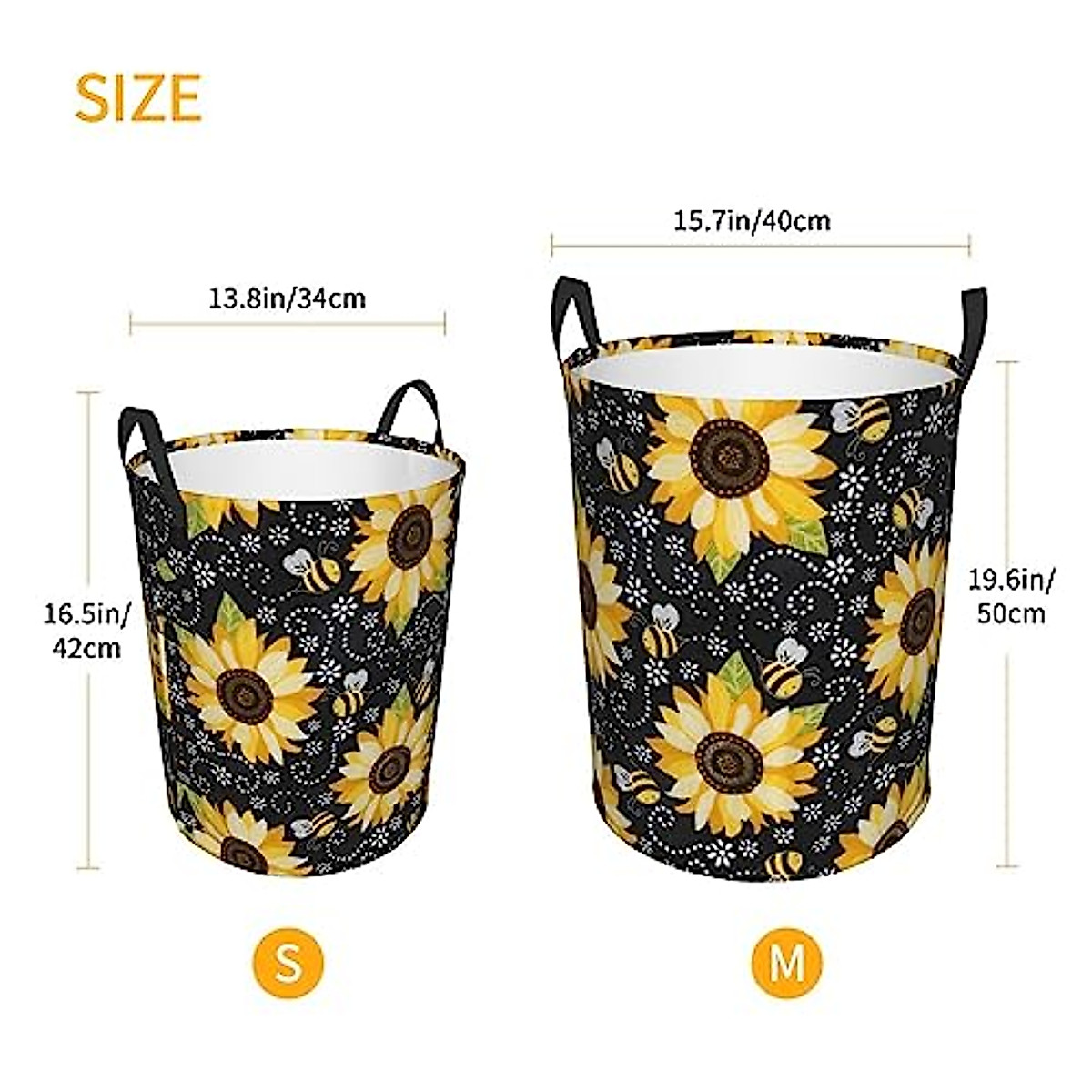 Sunflower Bees Printed Round Laundry Hamper,Collapsible Clothes Hamper Storage With Handle,Canvas Fabric Waterproof Storage Bin