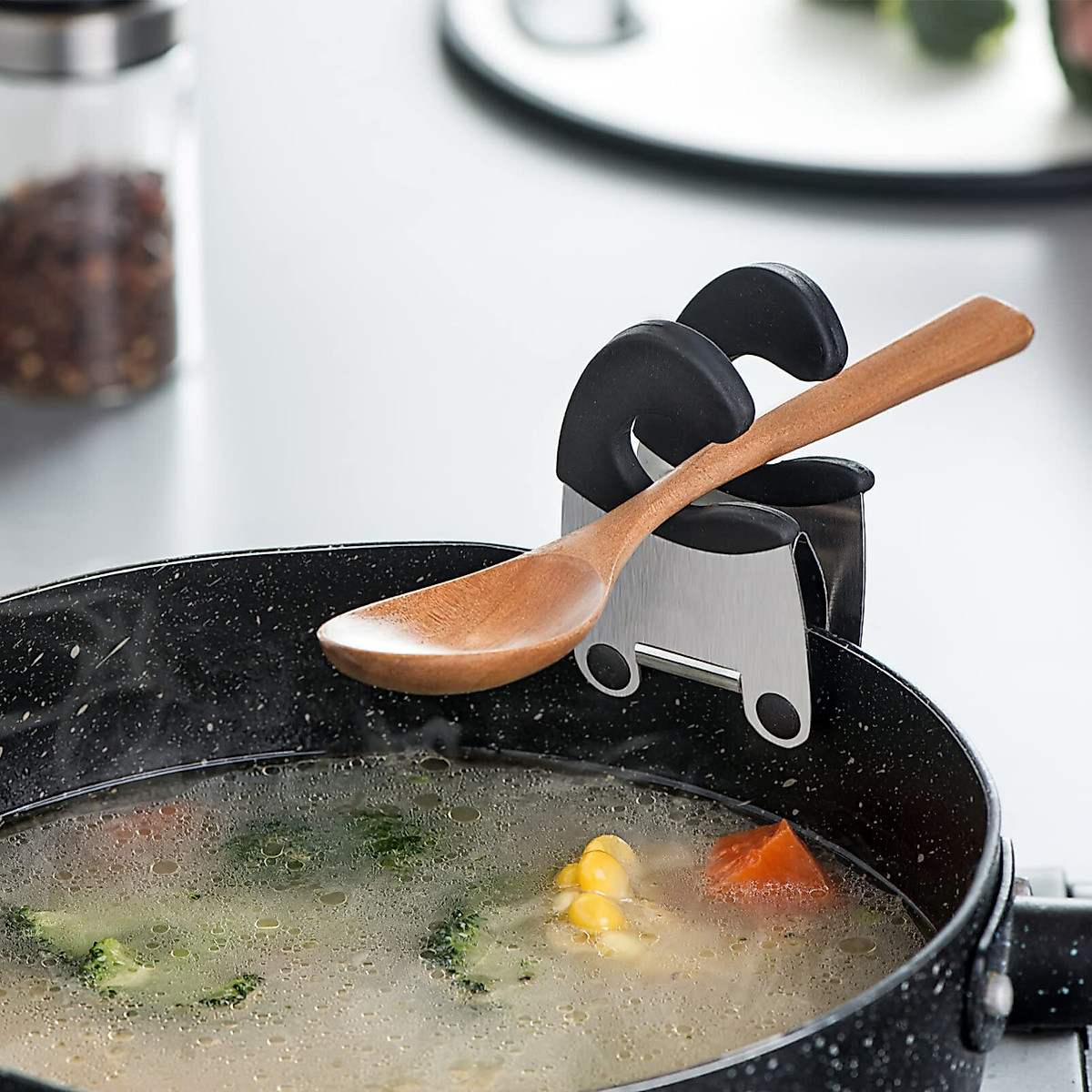 Cabilock 2pcs Pot Spatula Rest Stainless Steel Pot Clips Anti Scalding Silicone Spoon Spatula Holder Pot Spoon Rest