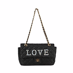 Quilted Crossbody Bags for Women, Bling Letter, Multi Color, Classic Flap (Black_Love)