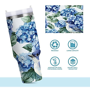 ALAZA Blue Hydrangea Flowers Bird 40 oz Tumbler Water Bottle with Straw Lid and Handle,Reusable Insulated Stainless Steel Cup for Women Men Travel Car Cup Holder