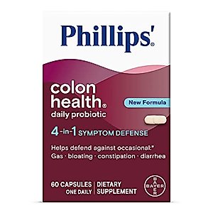 Phillips’ Colon Health Daily Probiotic Capsules, 4-in-1 Symptom Defense to help defend against Occasional Gas, Bloating, Constipation, and Diarrhea, Daily Supplement, 60 Count