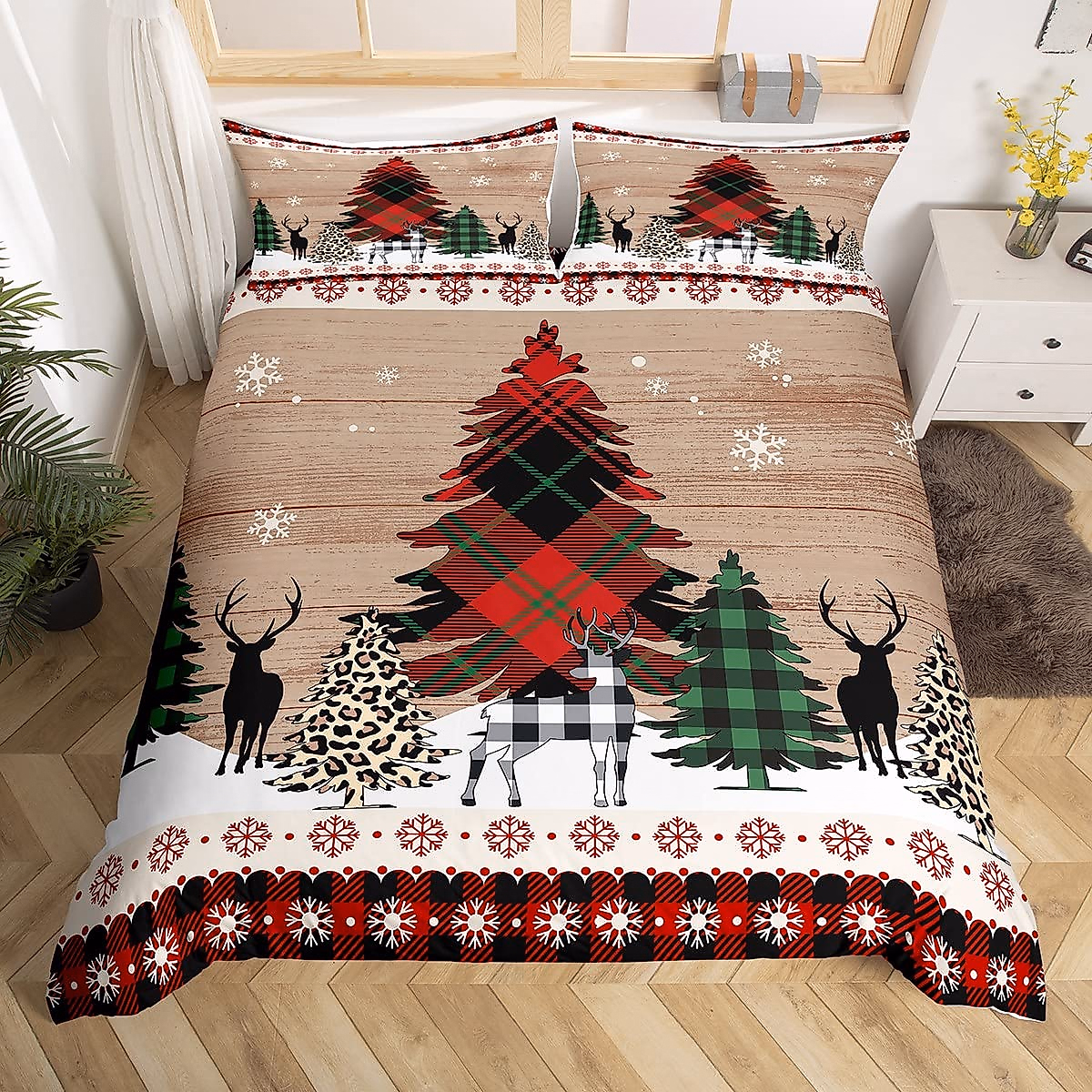 Kids Christmas Duvet Cover Set Queen Size,Deer Pine Snowflake Bedding Set,Girls Boys Adults Room/Xmas Cabin Decor,Brown Wooden Plank Comforter Cover,Rustic Farmhouse Quilt Cover,3pcs,2 pillowcases