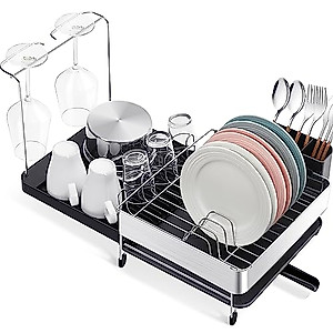 KINGRACK Dish Drying Rack - Extendable Dish Rack - Durable Stainless Steel Dish Drainer for Kitchen Counter with Drainboard Set, Swivel Spout,Utensil Holder