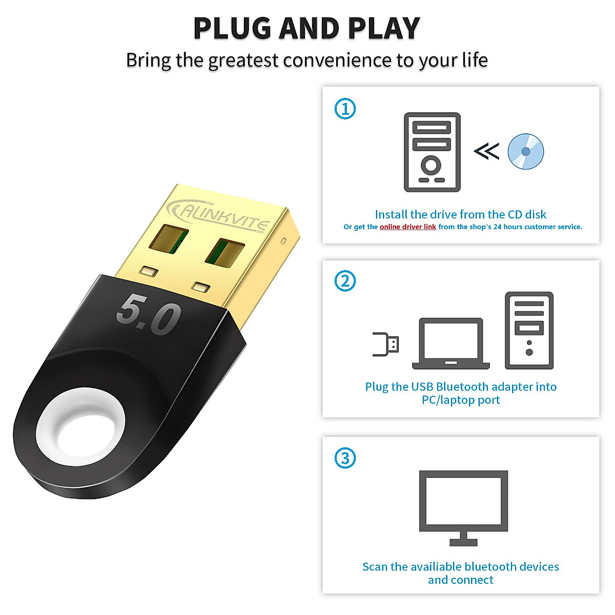 Bluetooth Adapter for PC 5.0, ALINKVITE Bluetooth Adapter for Windows 11/10/8.1/8/7, Bluetooth Dongle with Ultra-Range, Dual-Mode, USB Dongle for Keyboard, PC, Mobile, Printer, Headset, Speakers