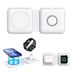 LAUDTEC Magnetic Duo Wireless Charging Pad, Portable 2 in 1 Foldable Charging Dock Power Station for Multiple Devices, Travel Wireless Charger for iPhone 14/13/12/SE/11 Series/AirPods/Apple Watch