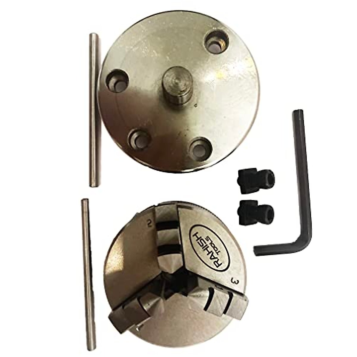 3" inches (75mm) 4 slots Horizontal and Vertical (H/V) Rotary Table with 65mm 3 Jaws Self Centering Chuck with Back Plate and T-nuts for Milling Engineering Tools
