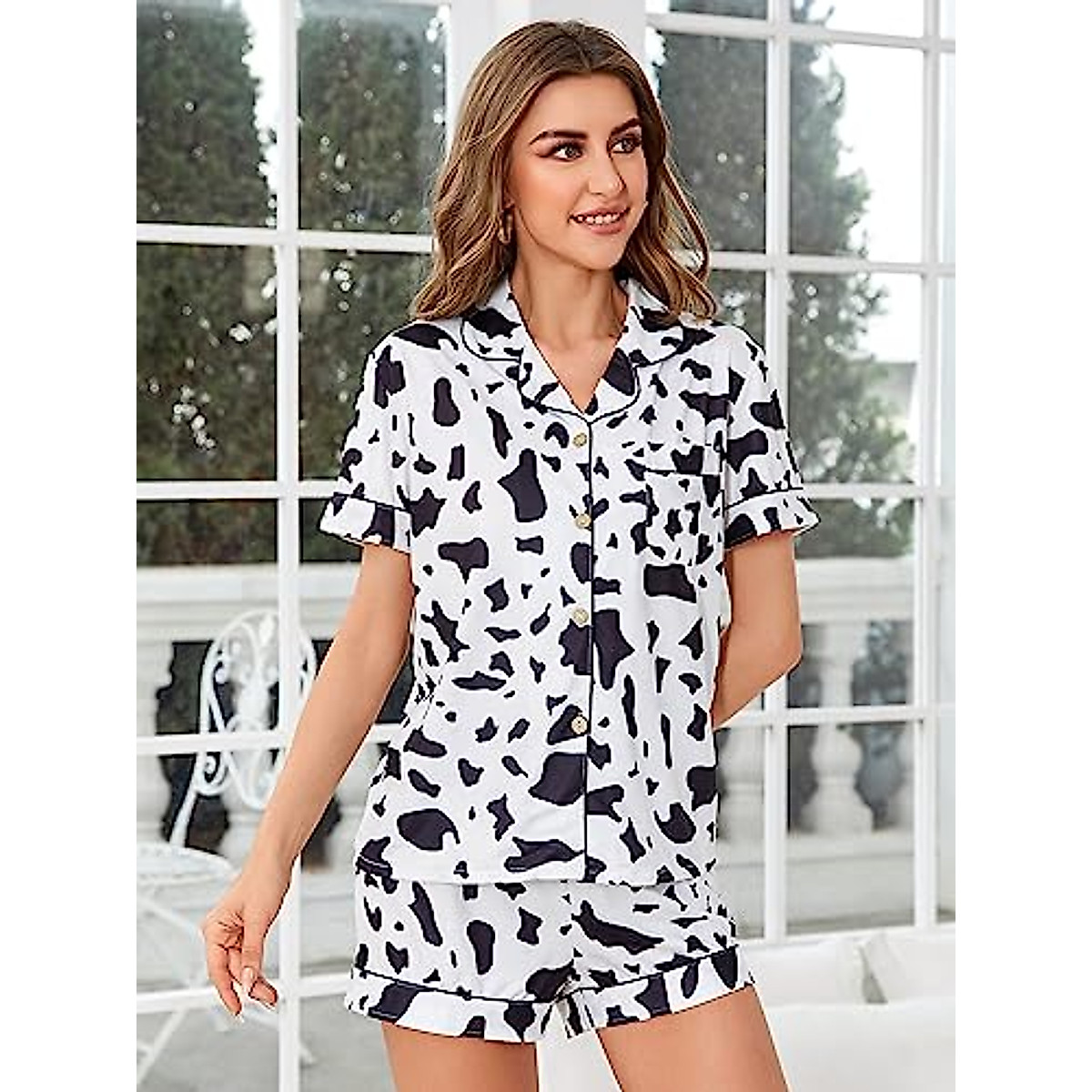 WDIRARA Women's Satin Heart Print Short Sleeve Button Down Flamingo Pajamas Shorts Set Cow Print Black White S