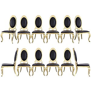 Asday Classic King Louis Black Faux Leather Upholstered Dining Chairs, Luxurious Dining Chairs with Polished Gold Oval Back and Mid-Century Modern Legs (Set of 12)