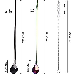 14Pcs Straws Spoon, BetterJonny Stainless Steel Drinking Spoon Straws 2 in 1 Long Handle Reusable Straws Spoon with 2 Cleaning Brushes for Latte Macchiato (7 Color)