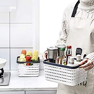 ESPEN 5Pack Plastic Storage Basket White, Desktop Weave Baskets with Handle, Portable Bathroom Open Storage Bin, Small Plastic Containers Shelf Brackets for Shelves Countertop Kitchen Cabinet Office