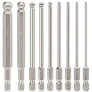 Tonsiki 9PCS Ball End Hex Head Allen Wrench Drill Bit Set, Metric S2 Steel Hex Bits Set, 1/4" Hex Shank Magnetic Screwdriver Bit Set for Assembling Furniture, 4'' Long - 1.5/2/2.5/3/4/5/6/8/10mm