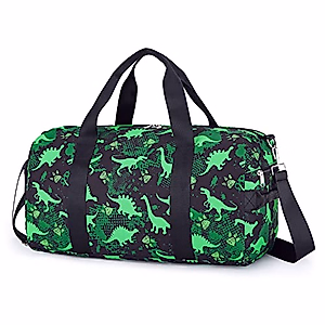 Duffle Bag for Kids Travel Overnight Bags Boys Sport Gym Bag with Shoe Compartment & Wet Pocket, Small Carry-On Size & Ideal for School Practice or Weekender Travel Bag （Green DInosaur）