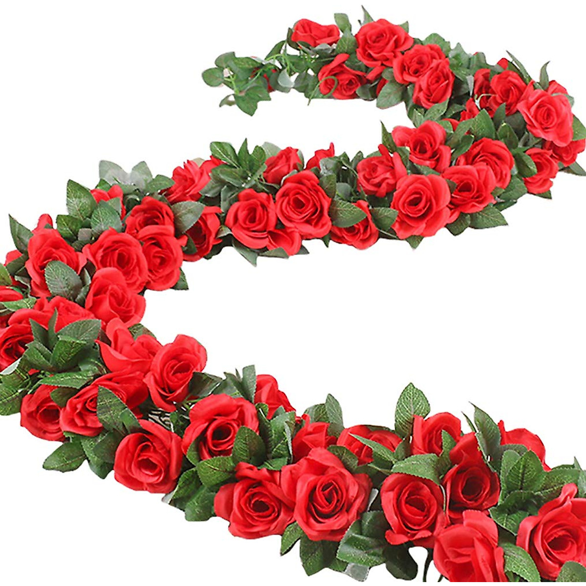 ZWYOQI 16 FT Fake Rose Vine Garland Artificial Flowers Plants Hanging Rose Ivy Home Hotel Office Wedding Party Garden Décor (Red/2PCS)