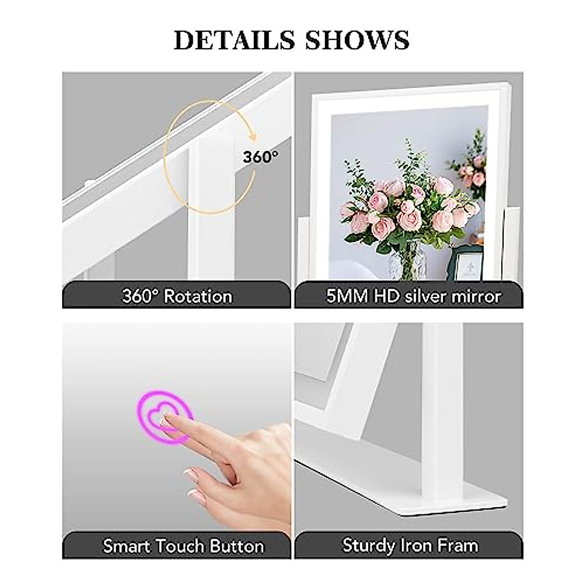 GANAIHQGROWING Classic Vanity Mirror with Lights,13 in Tabletop Lighted Makeup Mirror LED Lights for Over Sink, Smart Touch Control, Stepless Dimmable 3 Colors Lighting Modes