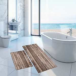 GUBIYU Set of 2 Kitchen Rugs and Mats Country Wooden Kitchen Rugs Washable Rustic Floor Planks Brown Wood Textures Bathroom Rugs Runner Farmhouse Style Walnut Oak Grain Decorative Kitchen Floor Decor