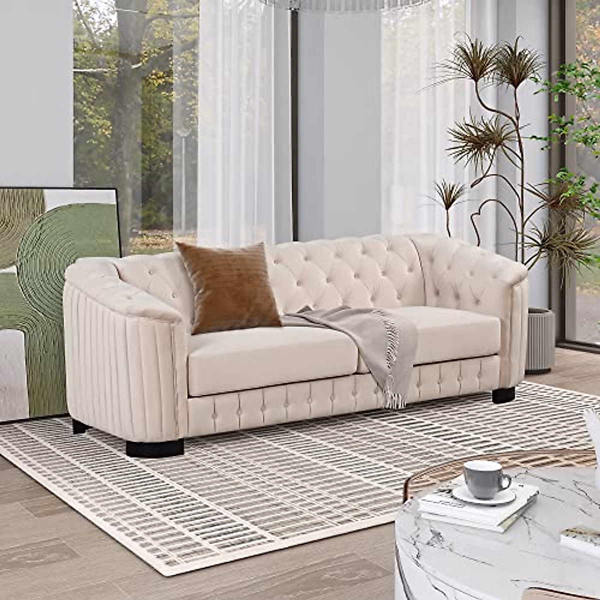 Merax Mid-Century Modern 3 Seater Sofa with Thick Removable Seat Cushion, and Rubber Wood Legs, Velvet Upholstered Couch for Living Room, Bedroom, or Small Space, Beige