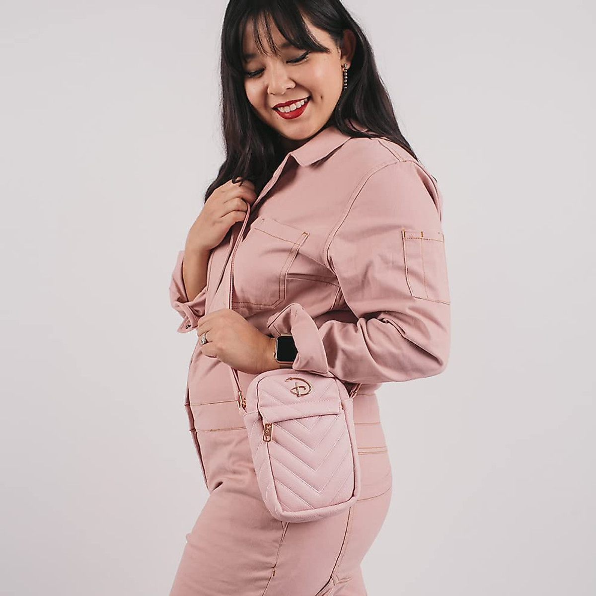 Disney Bag, Cross Body, Signature D Logo, Rose Gold, Chevron Zig Zag Stitch, Pink, Vegan Leather