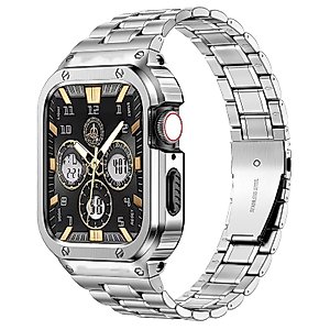 MioHHR Stainless Steel Watch Band with Case Compatible with Apple Watch Series 9/8/7(45mm),Rugged Strap with Metal Protective Bumper Cover for iWatch Band Men(Silver)