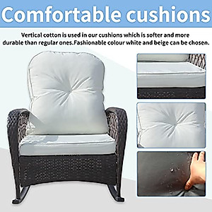 LoochMee PE White Rattan Rocker Chair,Garden Patio Wicker Rocking Chair/Furniture Sets with White Cushion,Modern Style for Outdoor&Indoor,Comfy Rocking Motion (White)