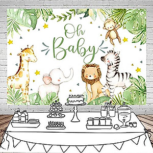 Mocsicka Boy Safari Baby Shower Backdrop Oh Baby Jungle Animals Photography Background Vinyl Zoo Animal Green Leaves Photo Booth Banner Supplies (7x5ft)