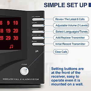 SYNLETT Wireless Calling System Nurse Call System Caregiver Pager for Restaurant Clinic Nursing Home 11 Languages 3 Alert Tones, 10 Call Buttons and 1 Monitoring Unit for Patients Seniors Customer
