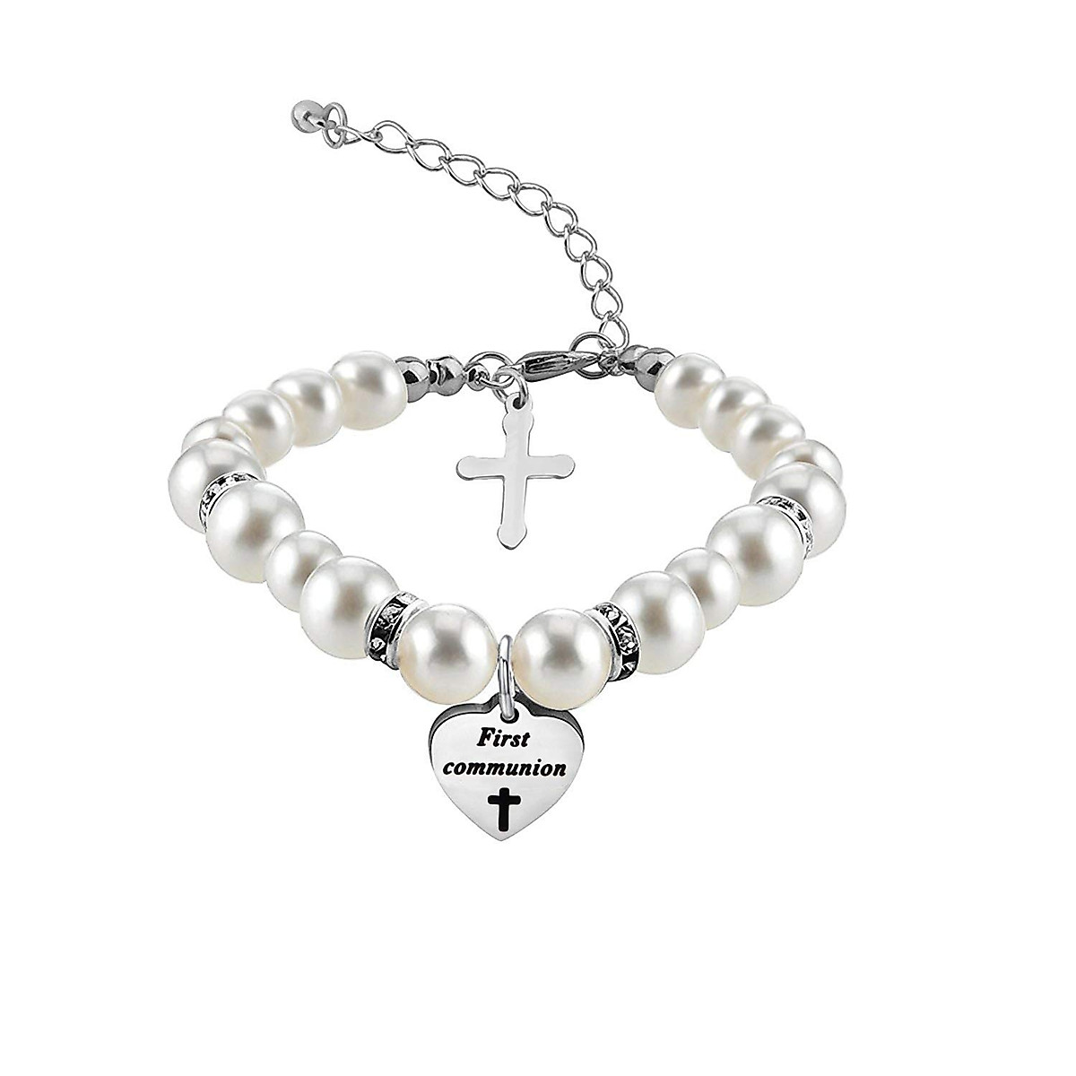 AKTAP Christening Gifts First Communion Bracelet Goddaughter Pearl Bracelet With Cross Charm (First Communion Bracelet)