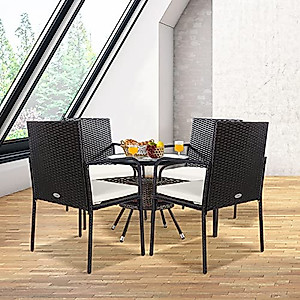 RELAX4LIFE Set of 4 Outdoor Dining Chairs, All-Weather PE Rattan Patio Chairs with Comfy Cushions, Outside Rattan Arm Chairs for Backyard, Poolside and Garden Lawn Chairs Set